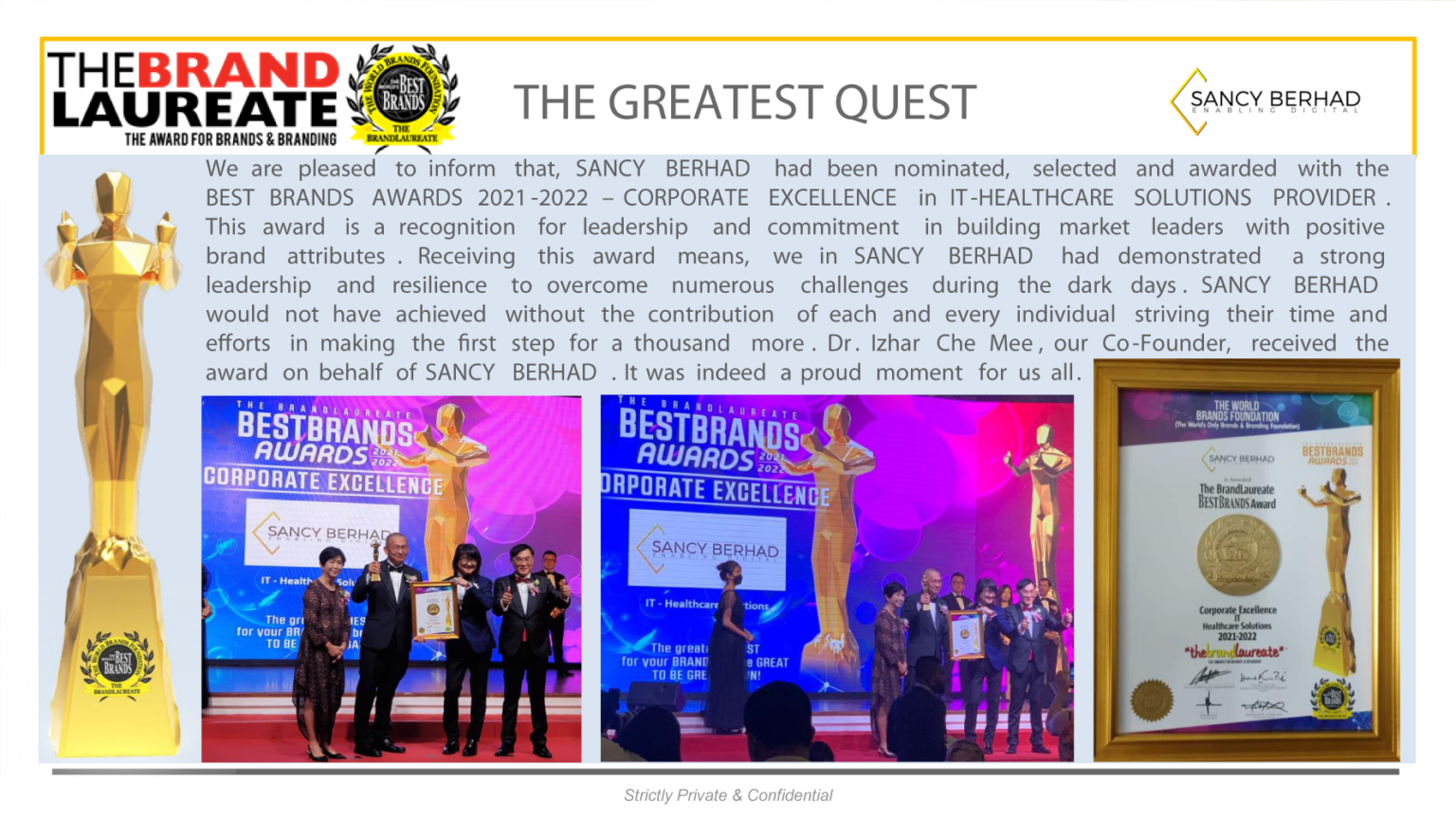 SANCY BERHAD awarded the BRANDLAURETTE BEST BRANDS AWARDS 2021 – 2022 ...